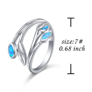 HOOHWE 925 Sterling Silver Leaf Rings for Women, Opal Adjustable Wrap Olive Branch Ring for Daily Wear Wedding Ring Unique Marquise Shape Open Leaf Rings Jewelry Gifts for Women with Gift Box