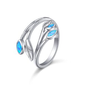 hoohwe 925 sterling silver leaf rings for women, opal adjustable wrap olive branch ring for daily wear wedding ring unique marquise shape open leaf rings jewelry gifts for women with gift box