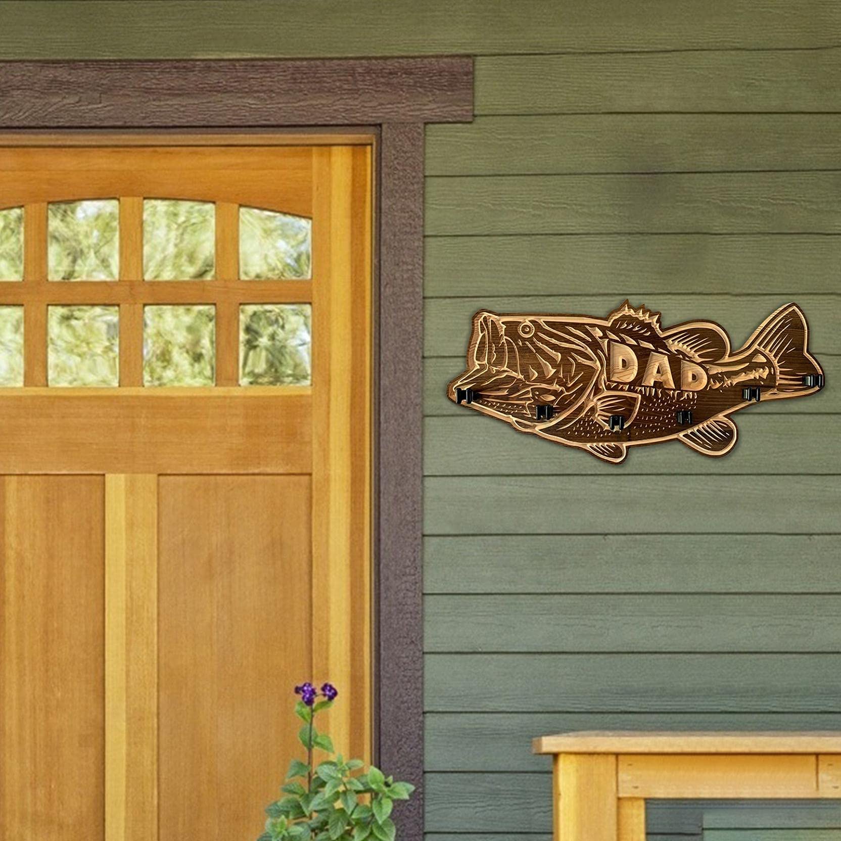 Felicy Fathers Day Wood Large Mouth Bass Fishing Rod Holder, Daddy favorite Wooden Fishing Rod Rack with Salmon Redfish Large Mouth Bass Shape Designs, Best Gift for Father (A - Large mouth bass)