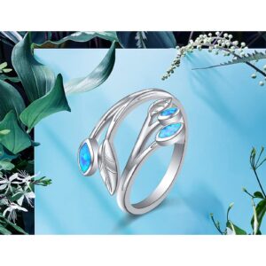 HOOHWE 925 Sterling Silver Leaf Rings for Women, Opal Adjustable Wrap Olive Branch Ring for Daily Wear Wedding Ring Unique Marquise Shape Open Leaf Rings Jewelry Gifts for Women with Gift Box