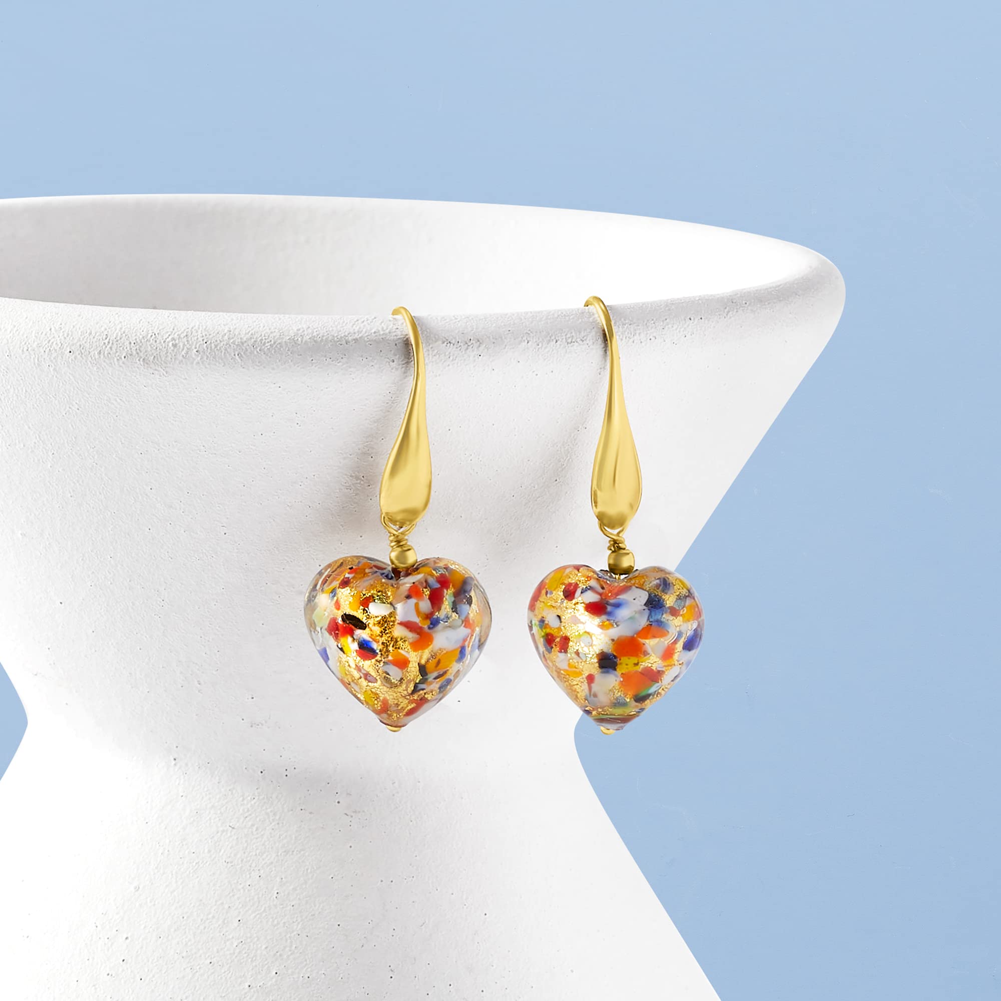 Ross-Simons Italian Murano Glass Heart Drop Earrings in 18kt Gold Over Sterling