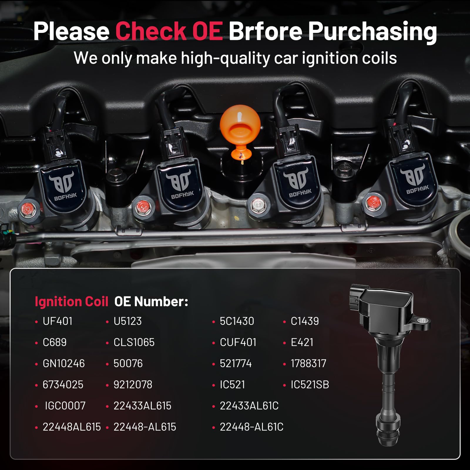 BDFHYK Ignition Coil Pack Set of 6 Compatible with 2003-2007 Nissan 350Z & Infiniti FX35, G35, M35, Infiniti G35 Coupe 2006, Coil for V6 3.5L Replace UF401,C1439,6734025, 22448AL615,22448AL61C