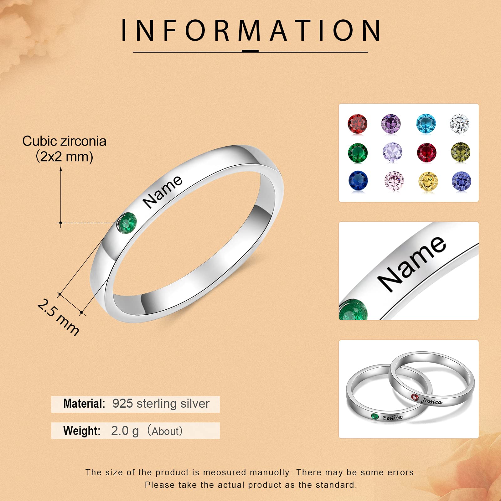 Lovejewelry 2PCS Personalized Custom Engraved Name Initial Rings with Simulated Birthstones Customized Best Friend Rings for Women Girls (2PCS)