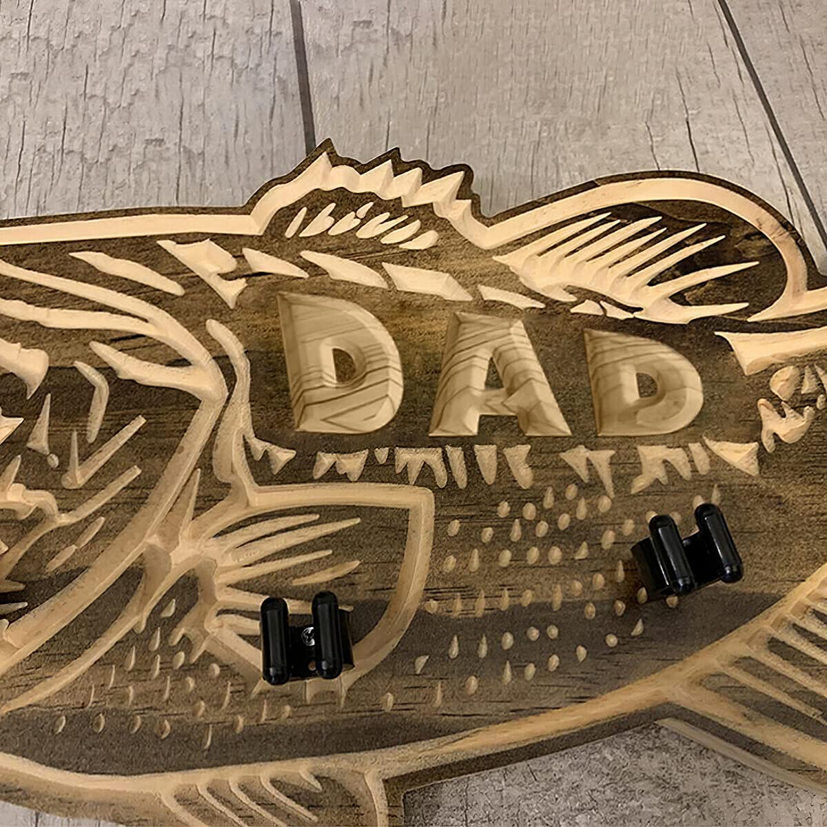 Felicy Fathers Day Wood Large Mouth Bass Fishing Rod Holder, Daddy favorite Wooden Fishing Rod Rack with Salmon Redfish Large Mouth Bass Shape Designs, Best Gift for Father (A - Large mouth bass)