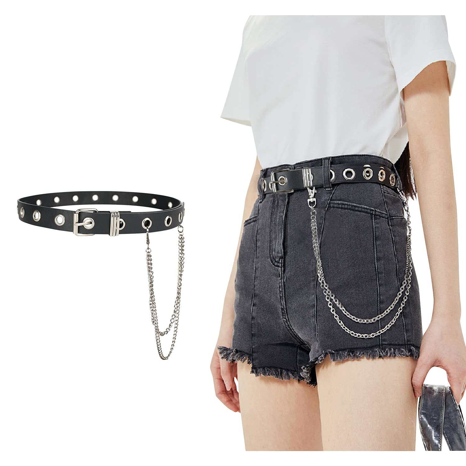 FIORETTO Grommet Leather Belt with Detachable Chain Women Men Punk Rock Waist Belts for Jeans Pants Single Holes (With Silver Chain)