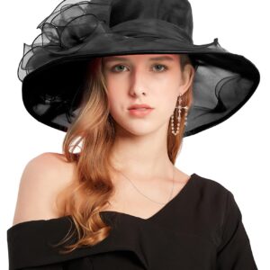 ORIDOOR Women’s Organza Church Tea Party Wedding Fascinator Hat UV-Anti Wide Brim Sun Hats (F Black, One Size) …