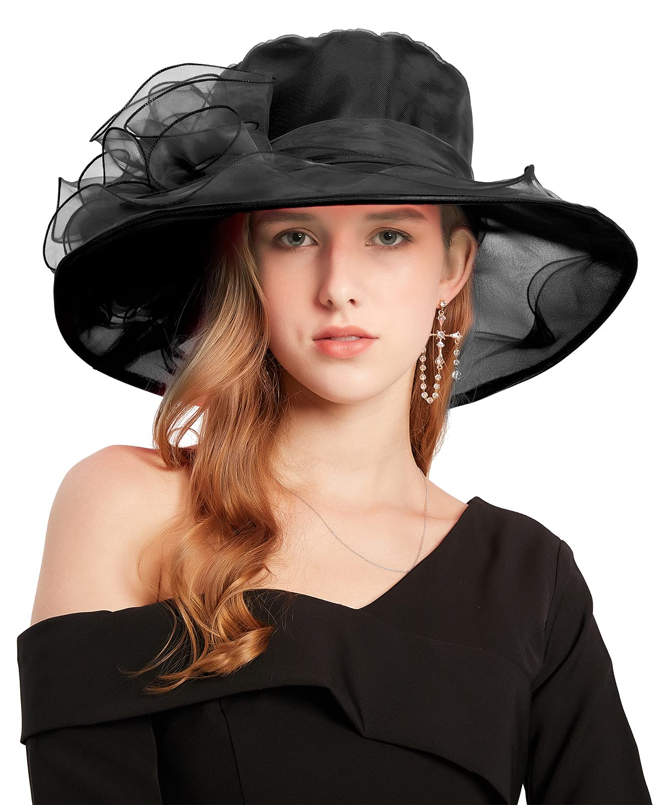 ORIDOOR Women’s Organza Church Tea Party Wedding Fascinator Hat UV-Anti Wide Brim Sun Hats (F Black, One Size) …