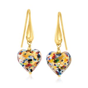 ross-simons italian murano glass heart drop earrings in 18kt gold over sterling