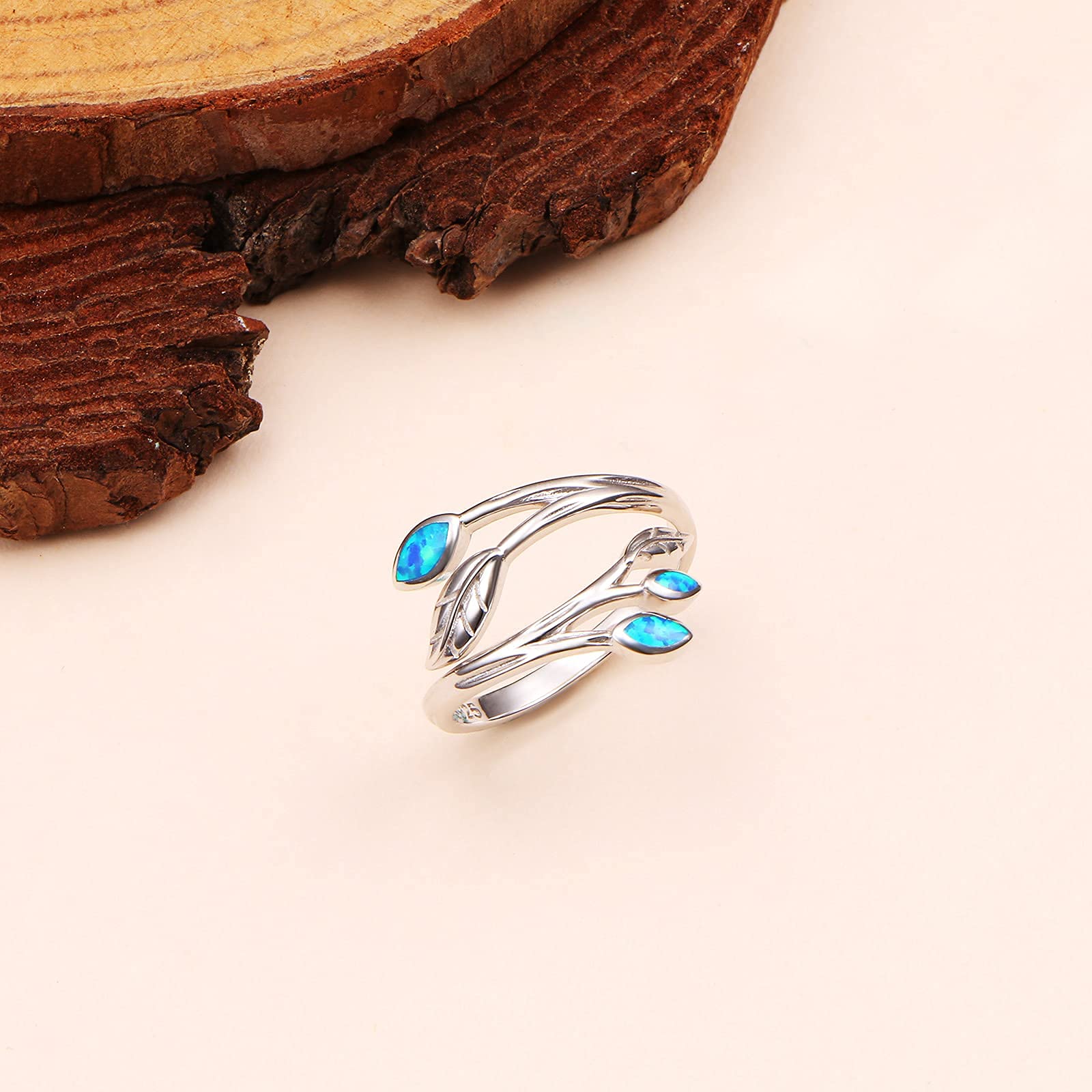 HOOHWE 925 Sterling Silver Leaf Rings for Women, Opal Adjustable Wrap Olive Branch Ring for Daily Wear Wedding Ring Unique Marquise Shape Open Leaf Rings Jewelry Gifts for Women with Gift Box