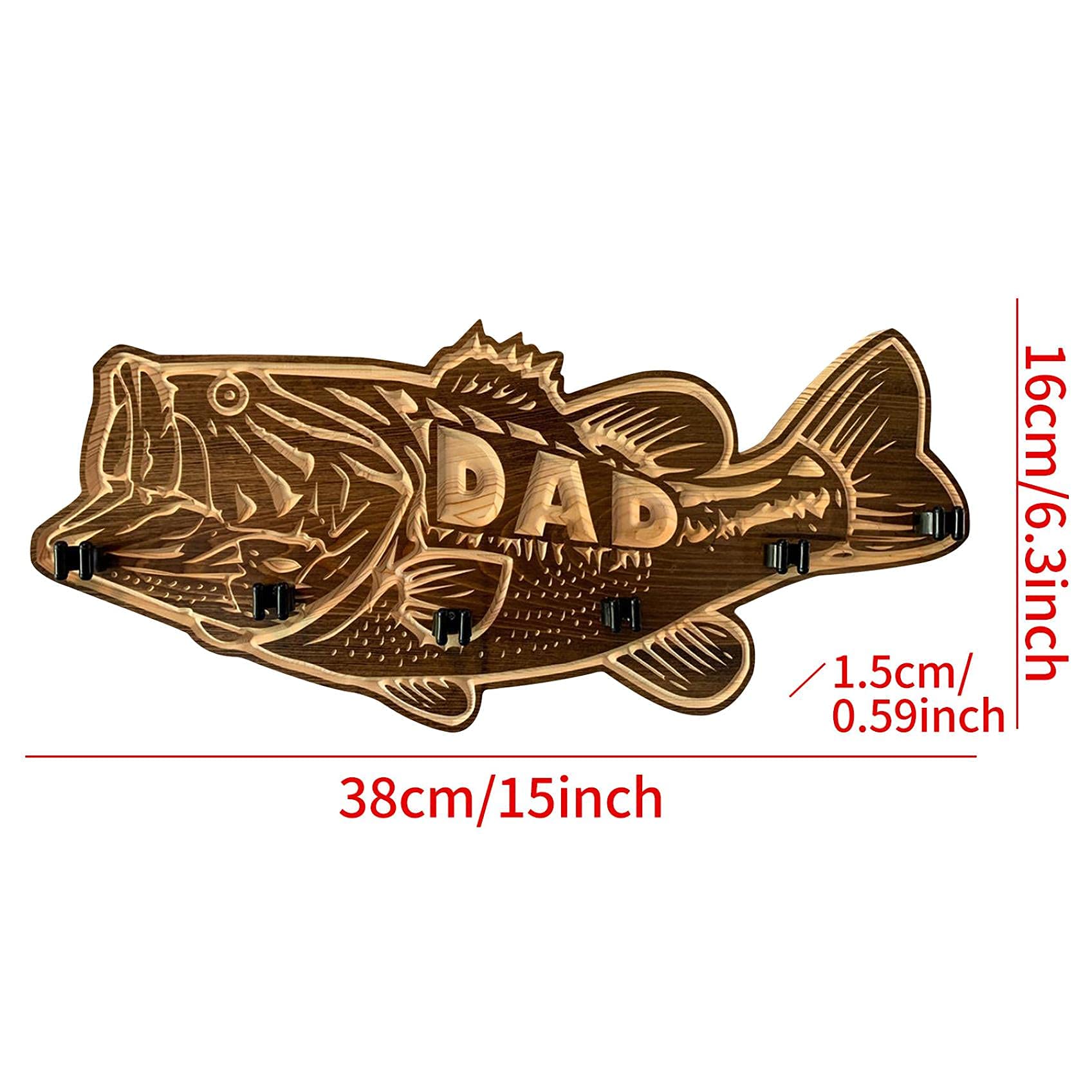 Felicy Fathers Day Wood Large Mouth Bass Fishing Rod Holder, Daddy favorite Wooden Fishing Rod Rack with Salmon Redfish Large Mouth Bass Shape Designs, Best Gift for Father (A - Large mouth bass)