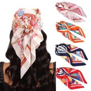 awaytr 27.5” silk satin square head scarf/scarves for women hair bandanas sleeping neck head kerchief/wraps (flowering leaves (beige/orange/navy/red)), 4pcs