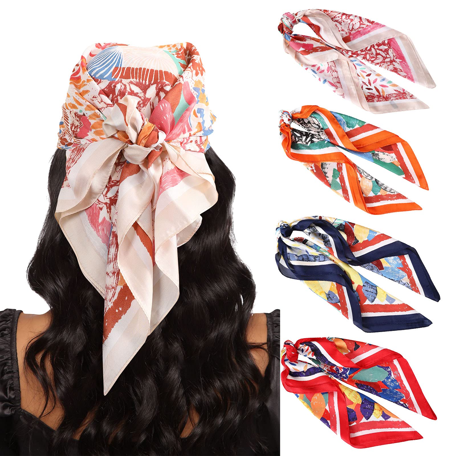 AWAYTR 27.5” Silk Satin Square Head Scarf/Scarves for Women Hair Bandanas Sleeping Neck Head Kerchief/Wraps (Flowering Leaves (Beige/Orange/Navy/Red)), 4PCS