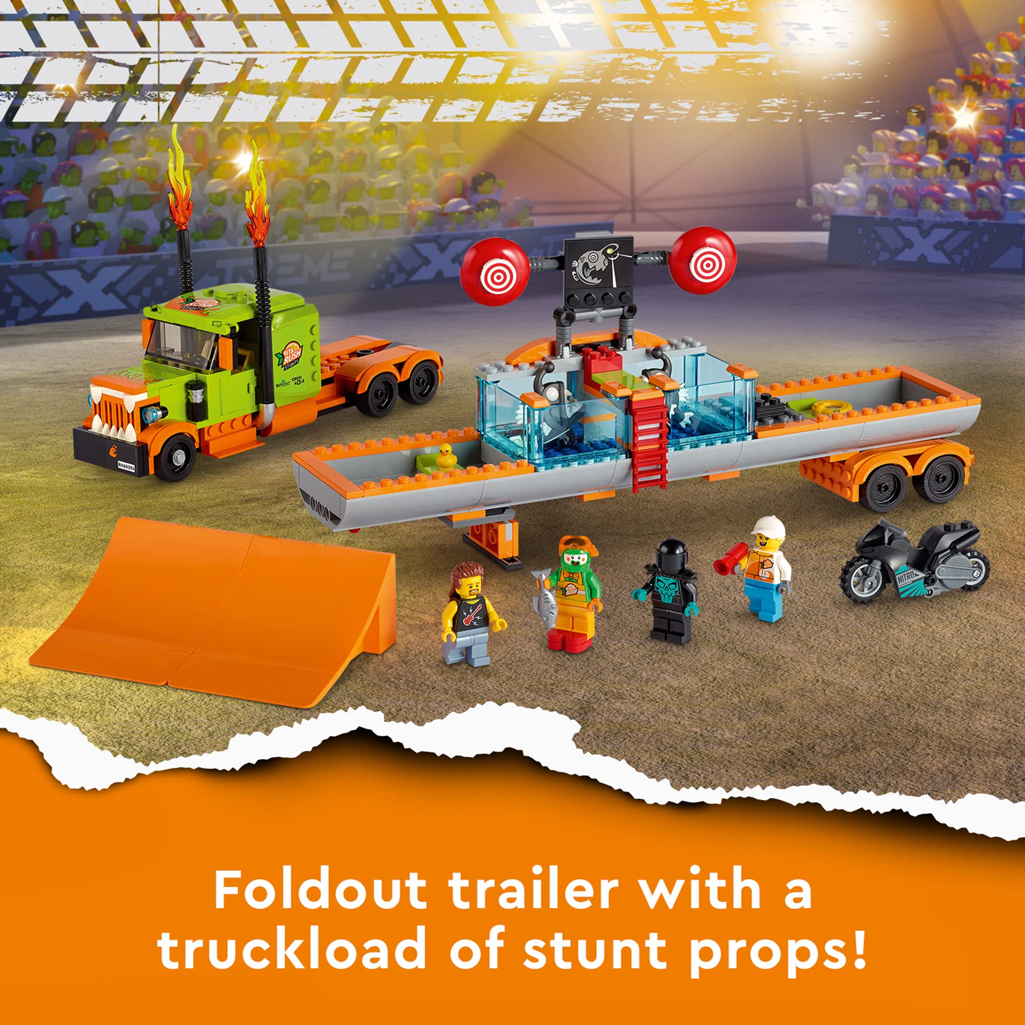 LEGO City Stunt Show Truck 60294 Building Toy Set with Launch Ramps and a Dunk Tank Plus a Flywheel-Powered Stunt Bike