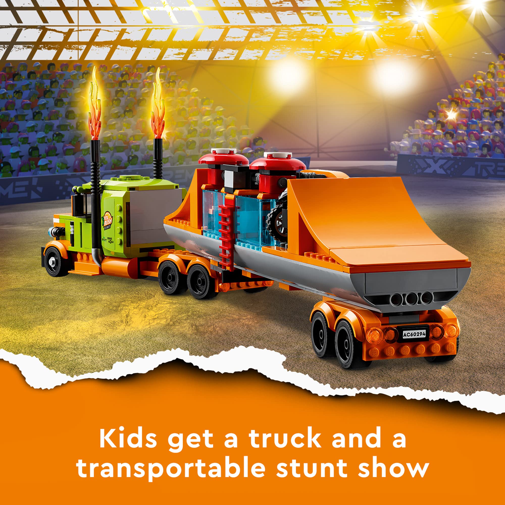 LEGO City Stunt Show Truck 60294 Building Toy Set with Launch Ramps and a Dunk Tank Plus a Flywheel-Powered Stunt Bike