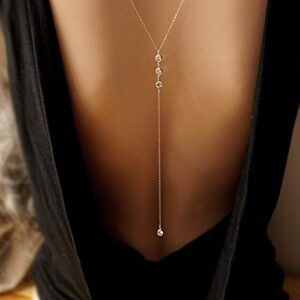 lysee body jewelry - women long necklace body chain bare back gold crystal rhinestone pendant chain necklace backdrop beach body jewelry - (metal color: gold-color, main stone color: white)