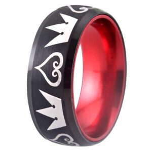 cosplay jewelry kingdom hearts & crowns design ring 8mm width red and black tungsten ring matte finish beveled edges wedding band-free customized engraving (8mm red, 10)