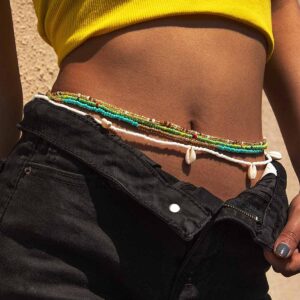 Cosydays African Waist Bead Chain Elastic Body Chains Colorful Belly Beads Seashell Beaded Chain Summer Bikini Jewelry for Women(Pack of 4)