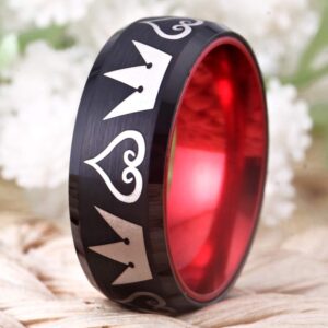 Cosplay Jewelry Kingdom Hearts & Crowns Design Ring 8mm Width Red and Black Tungsten Ring Matte Finish Beveled Edges Wedding Band-Free Customized Engraving (8mm Red, 10)