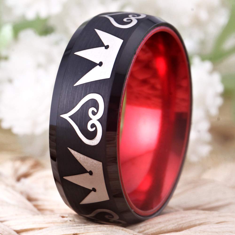 Cosplay Jewelry Kingdom Hearts & Crowns Design Ring 8mm Width Red and Black Tungsten Ring Matte Finish Beveled Edges Wedding Band-Free Customized Engraving (8mm Red, 10)