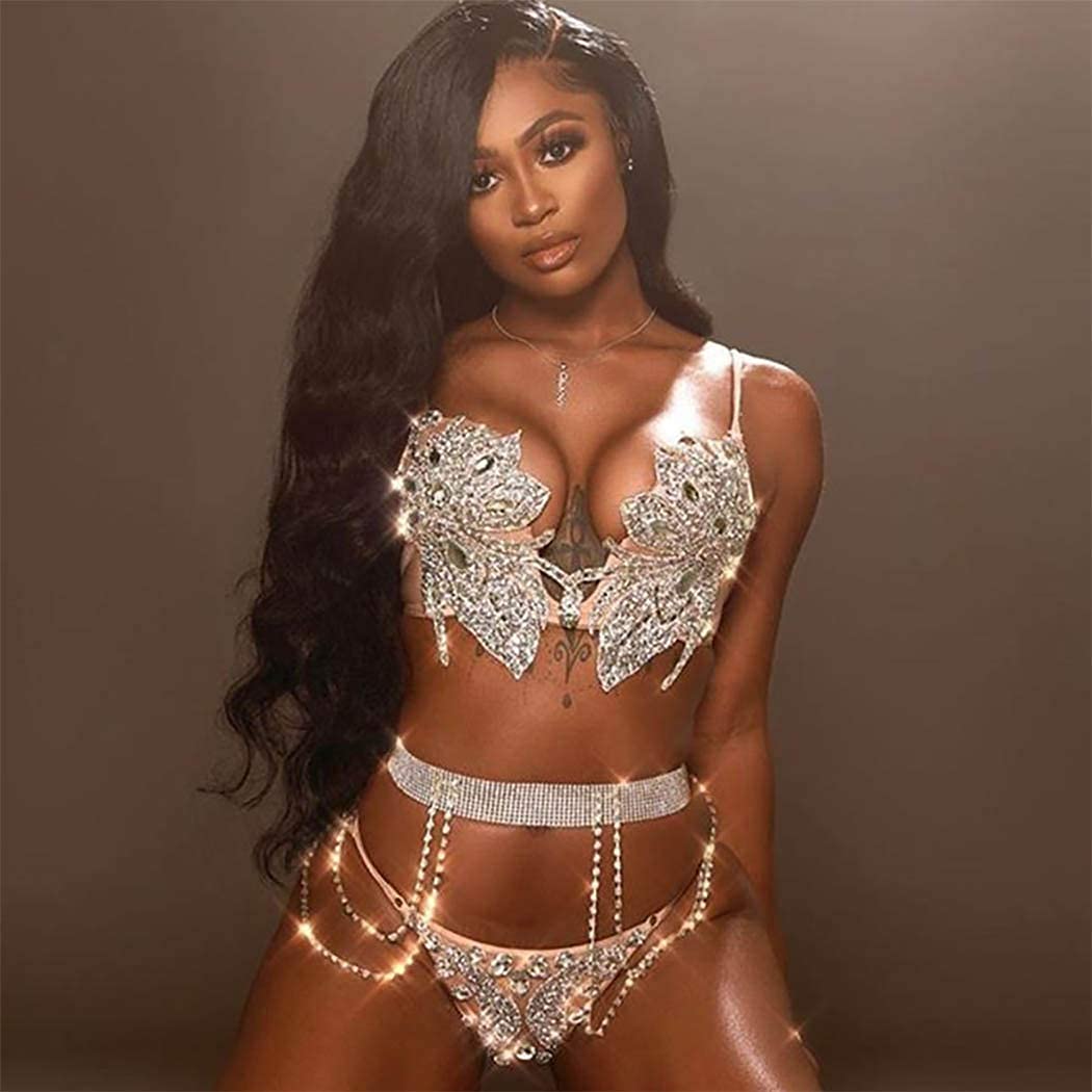 Salliy Boho Rhinestone Bikini Chain Set Silver Sexy Sequins Mesh Body Chains Summer Bra Body Jewelry for Women (Waist chain)