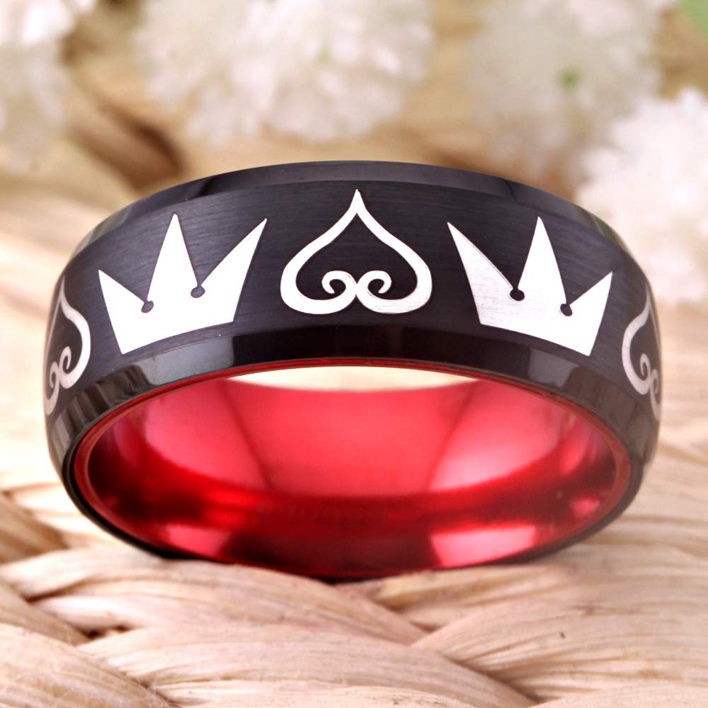 Cosplay Jewelry Kingdom Hearts & Crowns Design Ring 8mm Width Red and Black Tungsten Ring Matte Finish Beveled Edges Wedding Band-Free Customized Engraving (8mm Red, 10)