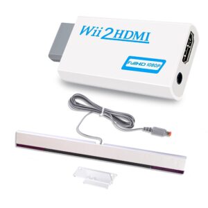 xahpower 2 in 1 accessories bundle kits for wii, wired infrared ray sensor bar and wii to hdmi converter compatible with nintendo wii