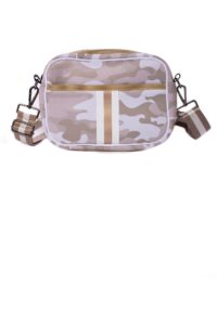 haute shore drew sahara crossbody tote beige camo wrose gold and white stripe