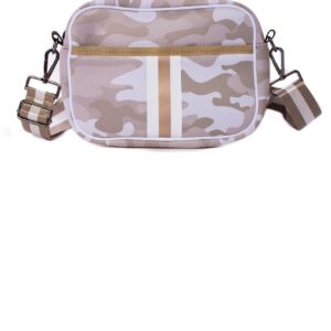 Haute Shore Drew Sahara Crossbody Tote Beige Camo WRose Gold and White Stripe