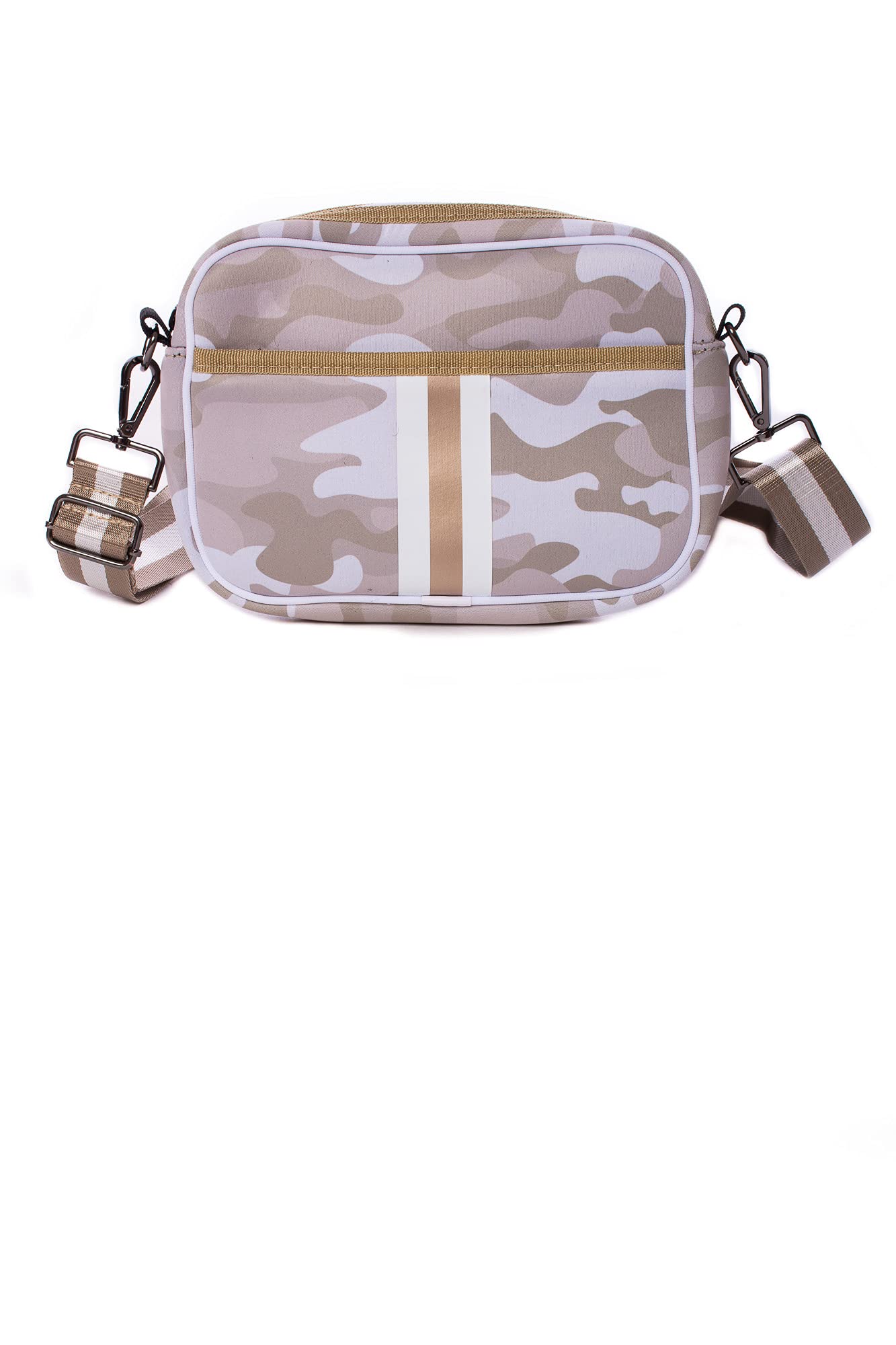 Haute Shore Drew Sahara Crossbody Tote Beige Camo WRose Gold and White Stripe