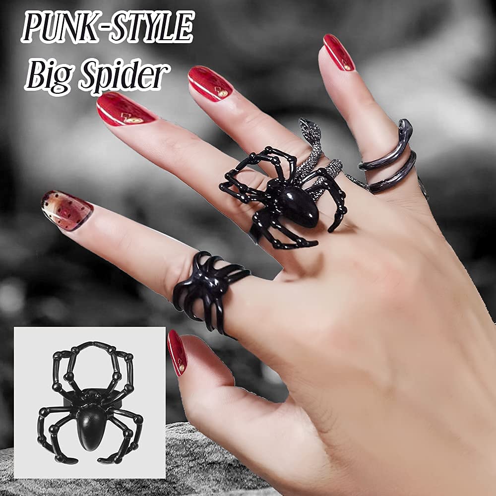 16 PCS Y2K Open Black Vintage Golden Punk Rings for Women Girls Mens Cat Snake Bat Devil Wing Dog Spider Rose Adjustable Retro Cool Ring Claw Skull Gothic Rings Jewelry