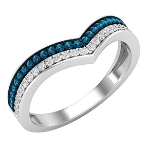 dazzlingrock collection 0.25 carat (ctw) round blue & white diamond women double row chevron wedding band enhancer guard ring 1/4 ct in 18k white gold, size 5