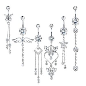 joerica 6 pcs 14g belly button rings dangle for women stainless steel cz navel rings set cute butterfly belly rings body piercing jewelry