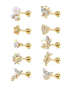 joerica 10pcs cartilage earrings for women 18g cz helix tragus piercing jewelry 316l stainless steel cute butterfly cartilage stud earrings set