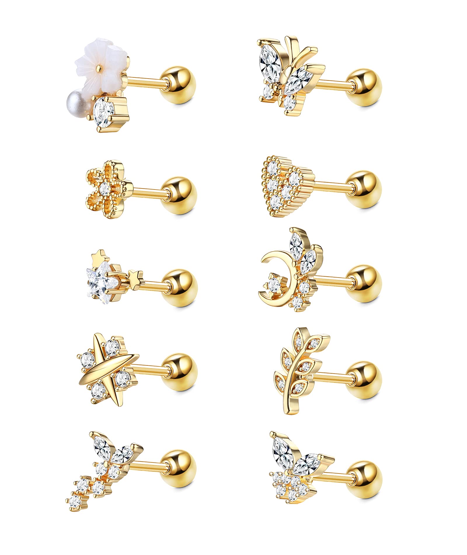 JOERICA 10Pcs Cartilage Earrings for Women 18G CZ Helix Tragus Piercing Jewelry 316L Stainless Steel Cute Butterfly Cartilage Stud Earrings Set