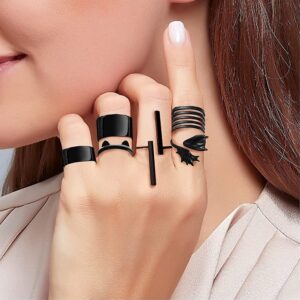 16 PCS Y2K Open Black Vintage Golden Punk Rings for Women Girls Mens Cat Snake Bat Devil Wing Dog Spider Rose Adjustable Retro Cool Ring Claw Skull Gothic Rings Jewelry