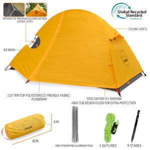 KAZOO Waterproof Backpacking Tent Ultralight 1 Person Lightweight Camping Tents 1 People Hiking Tents Aluminum Frame Double Layer (Eco-Friendly Fabric) (Bright Yellow)