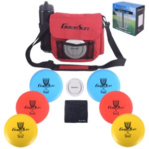 disc golf set 1pc heavy duty nylon carry bag, 2pcs drivers, 2pcs mid-ranges, 2pcs putters, 1pc mini disc marker, 1pc 12”x12” embroider logo black towel and 1pc gift color box