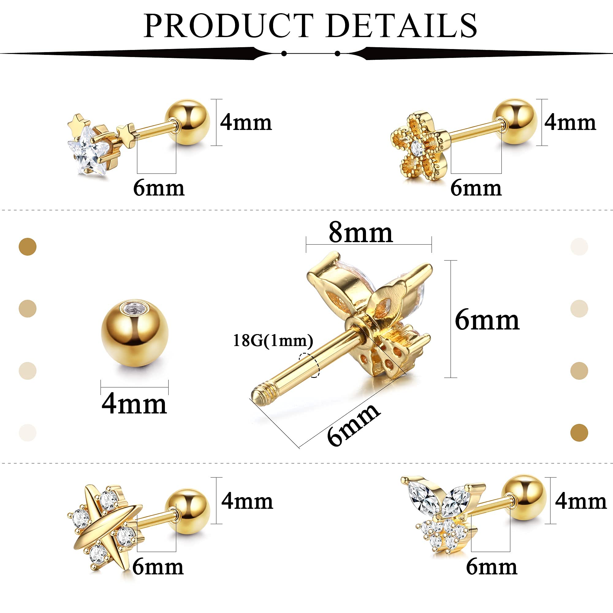 JOERICA 10Pcs Cartilage Earrings for Women 18G CZ Helix Tragus Piercing Jewelry 316L Stainless Steel Cute Butterfly Cartilage Stud Earrings Set