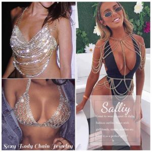 Aiosy Boho Body Chain Bra Silver Sexy Rhinestone Bikini Bra Body Halter Backless Sequins Chain Bra Beach Body Accessories Jewelry for Women (Top+Bottom)