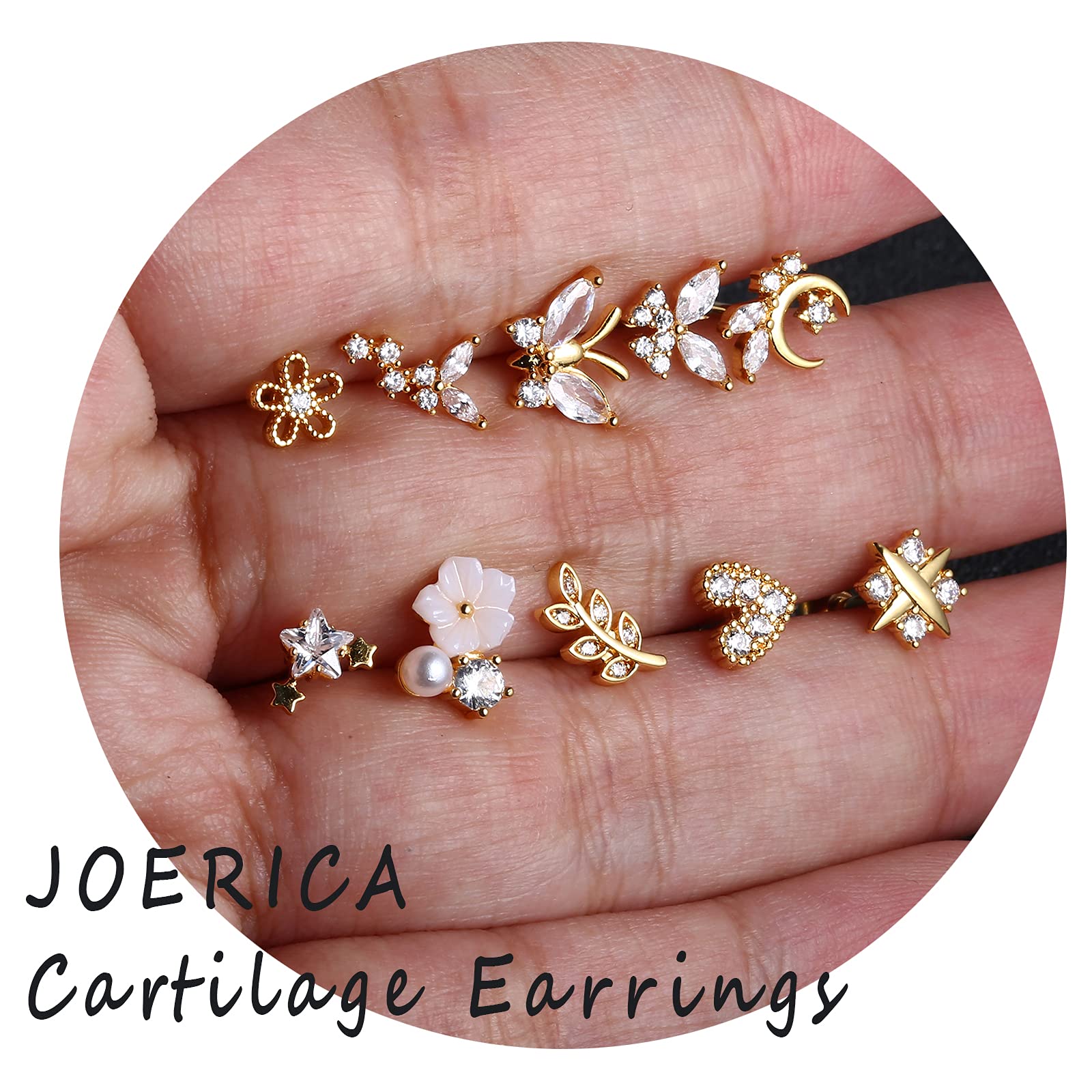 JOERICA 10Pcs Cartilage Earrings for Women 18G CZ Helix Tragus Piercing Jewelry 316L Stainless Steel Cute Butterfly Cartilage Stud Earrings Set