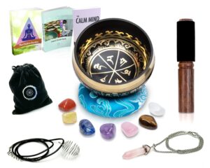 tibetan singing bowl set -rose quartz pendant - 7 chakra crystal stones with cage necklace- for meditation, mindfulness, yoga and spiritual healing and energy cleansing (3.5", blue)