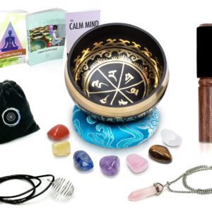 Tibetan Singing Bowl Set -Rose Quartz Pendant - 7 Chakra Crystal stones with Cage Necklace- For Meditation, Mindfulness, Yoga and Spiritual Healing and Energy Cleansing (3.5", Blue)