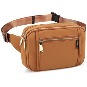 zorfin fanny packs for women men, belt bag with 5 zipper pockets, fashion waist pack crossbody bag with adjustable belt for travel/shopping/hiking/running/cycling (brown)