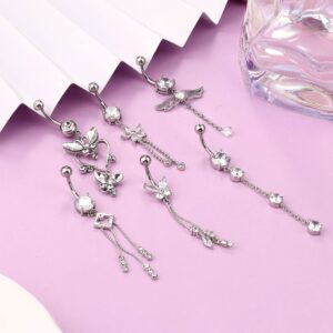 JOERICA 6 Pcs 14G Belly Button Rings Dangle for Women Stainless Steel CZ Navel Rings Set Cute Butterfly Belly Rings Body Piercing Jewelry