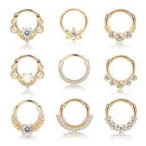 drperfect 9pcs 16g septum rings opal daith earrings hoop nose rings 316l stainless steel cz cartilage helix tragus earrings septum clicker piercing jewerly gold tone 8mm