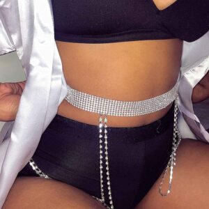 Salliy Boho Rhinestone Bikini Chain Set Silver Sexy Sequins Mesh Body Chains Summer Bra Body Jewelry for Women (Waist chain)