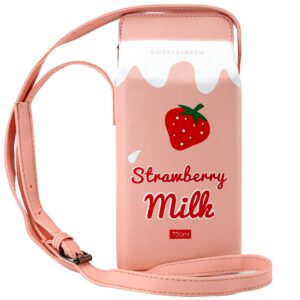 ondeam cute strawberry milk box crossbody purse bag,pu phone shoulder wallet for women girl