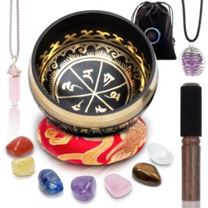 tibetan singing bowl set -rose quartz pendant - 7 chakra crystal stones with cage necklace- for meditation, mindfulness, yoga and spiritual healing and energy cleansing (3.5", red)