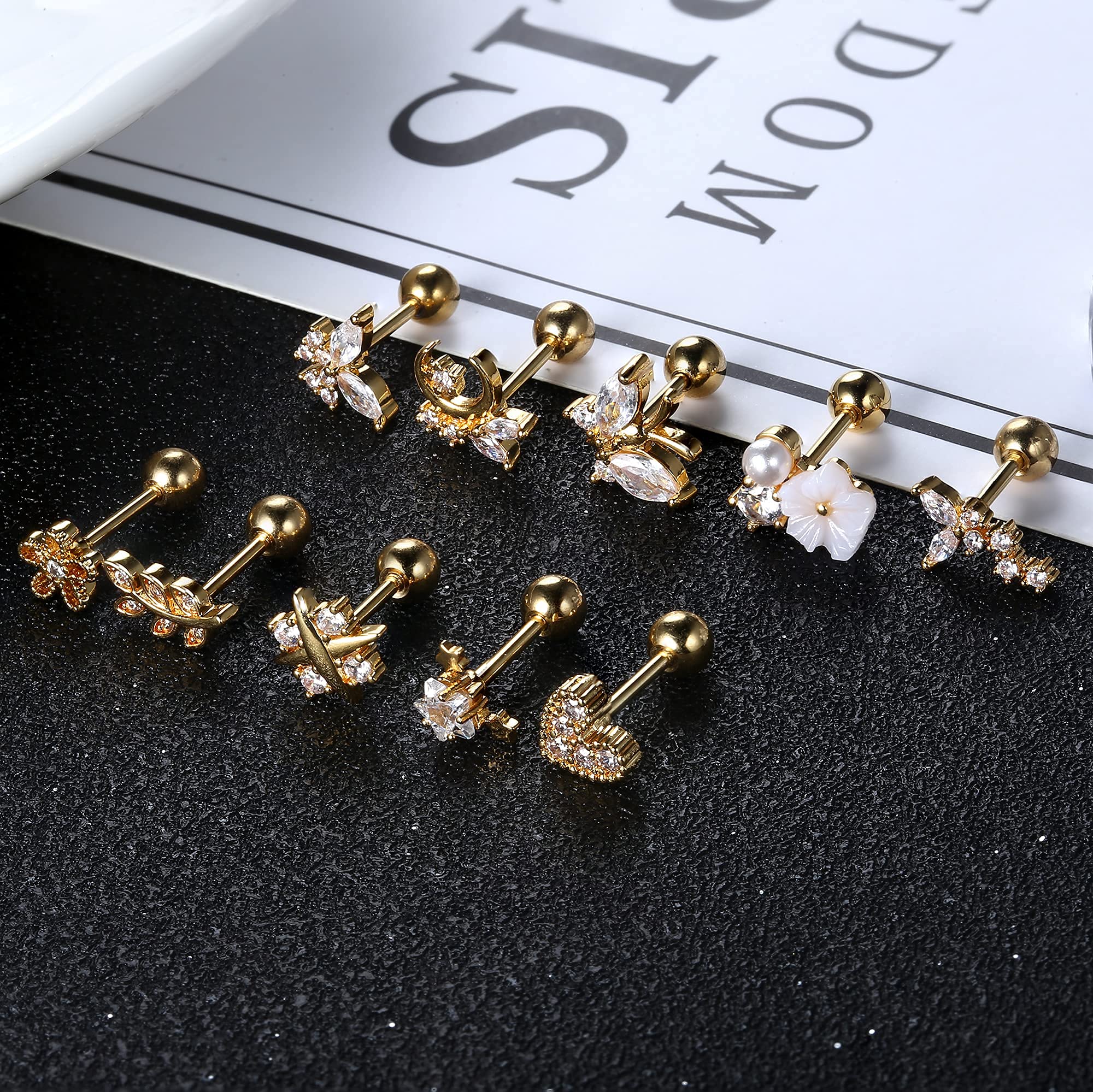 JOERICA 10Pcs Cartilage Earrings for Women 18G CZ Helix Tragus Piercing Jewelry 316L Stainless Steel Cute Butterfly Cartilage Stud Earrings Set