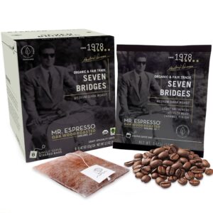 mr. espresso organic coffee, medium dark roast, no machine needed, individual coffee packs, freshly ground in small batches, ethically sourced, fair trade, seven bridges blend, 8 servings